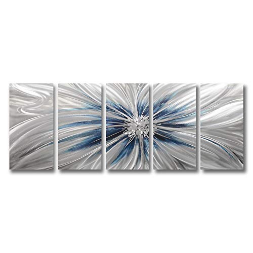 RICHSPACE ARTS Contemporary Metal Wall Art Blue and Silver Modern Sculpture Decor for Living Room 3d Flower Aluminum Artwork for Home and Office