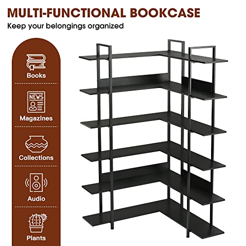 Royard Oaktree 6-Tier Bookshelf L-Shaped Corner Bookcase with Open Shelves Industrial Bookshelves with Metal Frame Wood Display Storage Shelf for Living Room Bedroom Home Office,Black