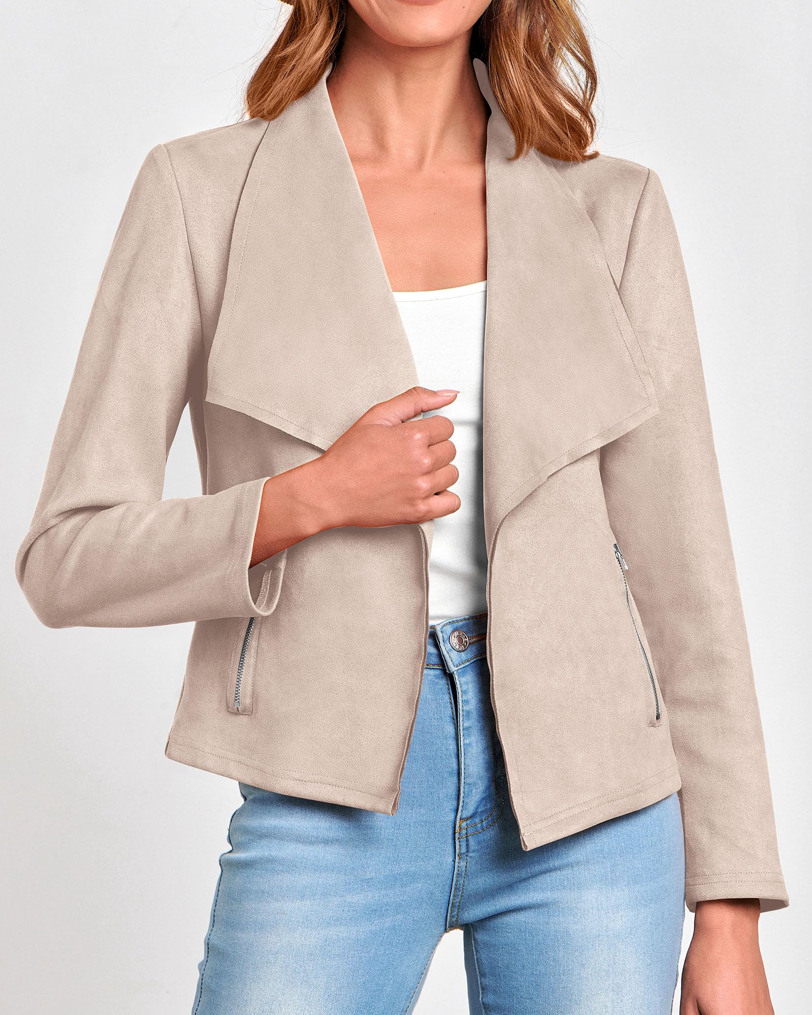 KIRUNDO Women's Faux Leather Suede Jacket 2024 Fall Fashion Light Long Sleeve Cropped Jacket Coats with Pockets(Beige Apricot, Medium)