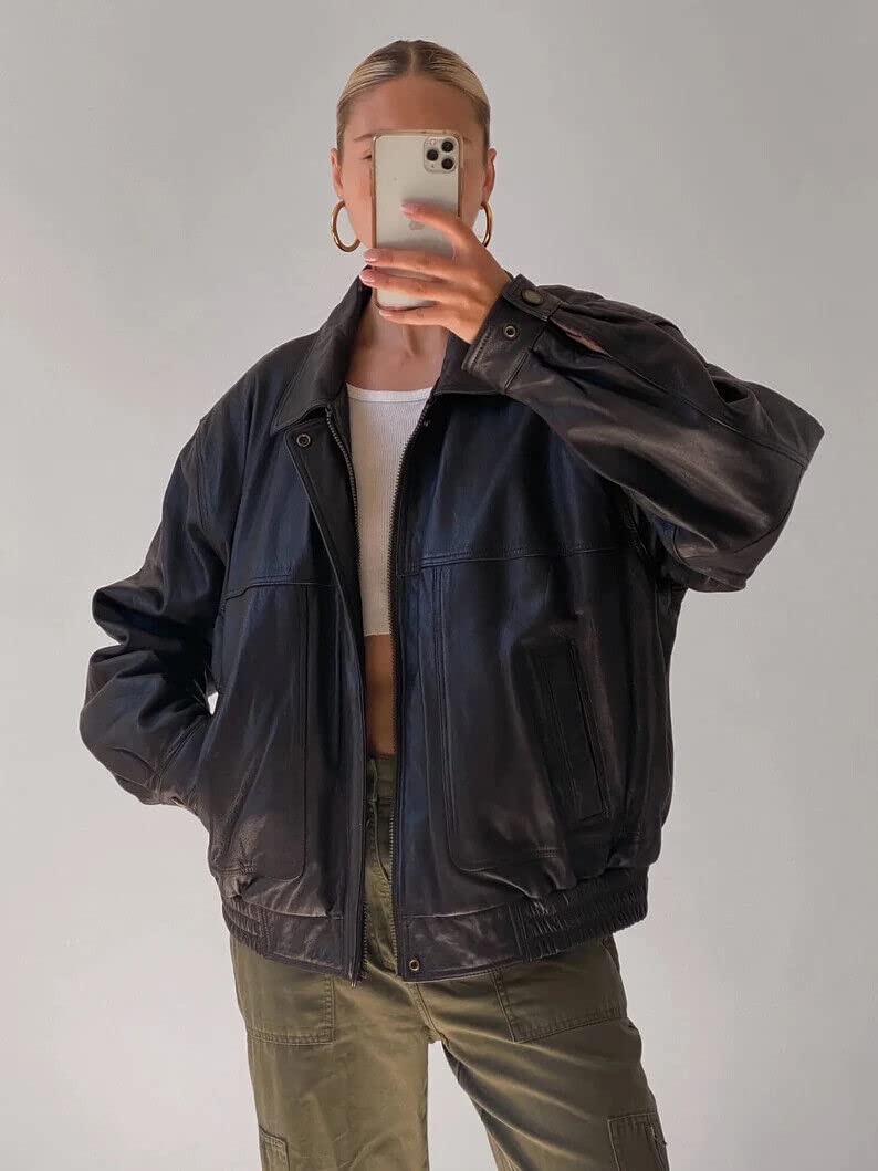 90's Oversized Bomber Jacket Retro Vintage Classic Leather Jacket | women jacket
