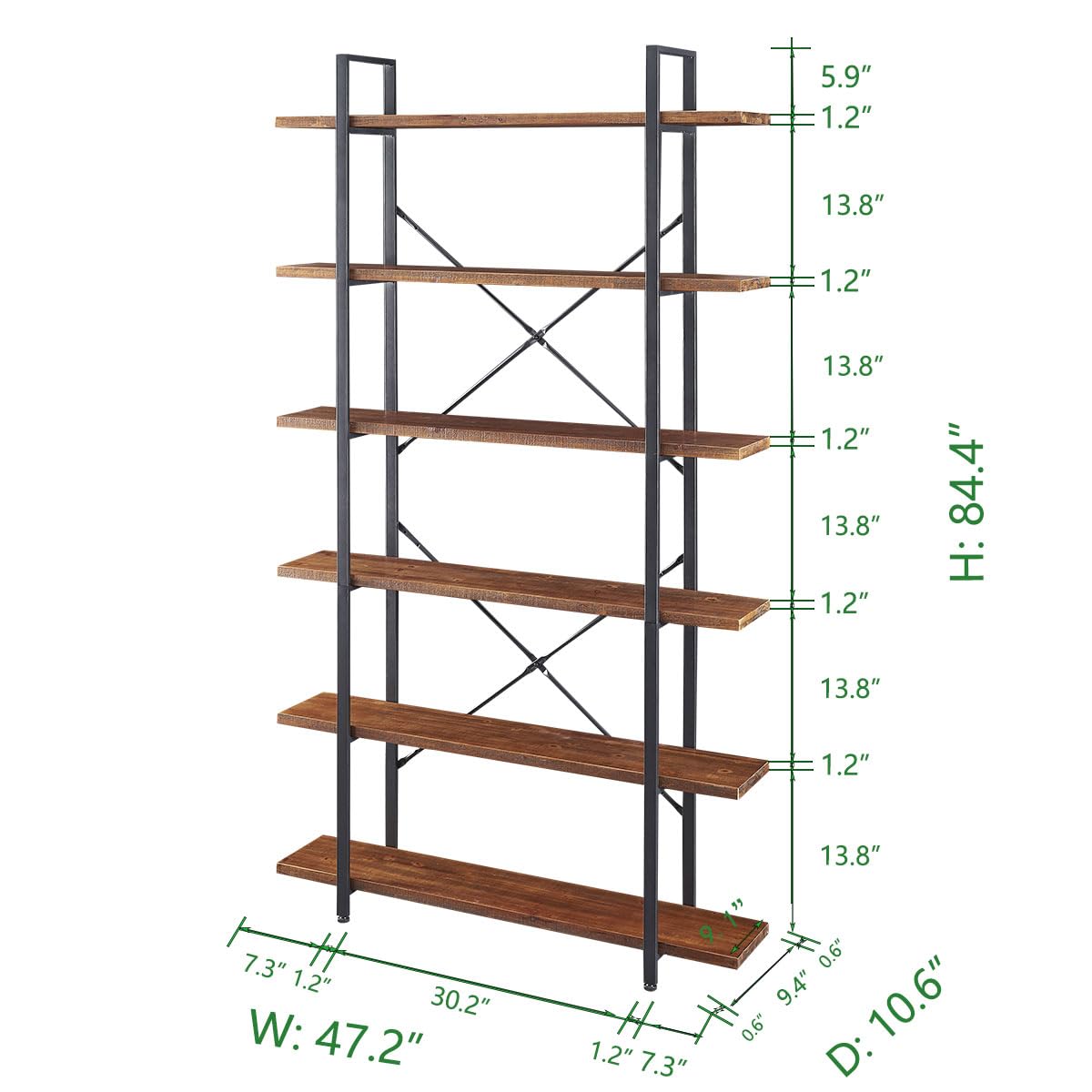 HSH Solid Wood Bookshelf, 6 Tier Tall Industrial Etagere Bookcase and Storage Shelves Heavy Duty, Rustic Large Open Vertical Metal Natural Real Wood Book Shelf for Bedroom Living Room Distressed Brown