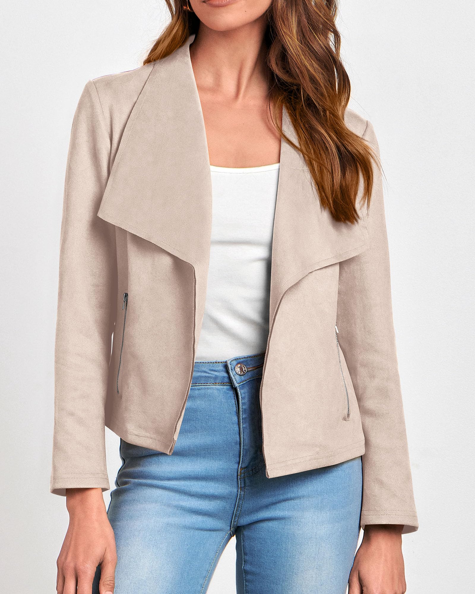 KIRUNDO Women's Faux Leather Suede Jacket 2024 Fall Fashion Light Long Sleeve Cropped Jacket Coats with Pockets(Beige Apricot, Medium)