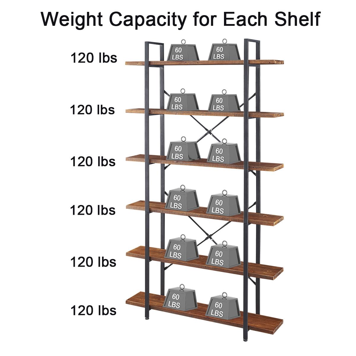 HSH Solid Wood Bookshelf, 6 Tier Tall Industrial Etagere Bookcase and Storage Shelves Heavy Duty, Rustic Large Open Vertical Metal Natural Real Wood Book Shelf for Bedroom Living Room Distressed Brown