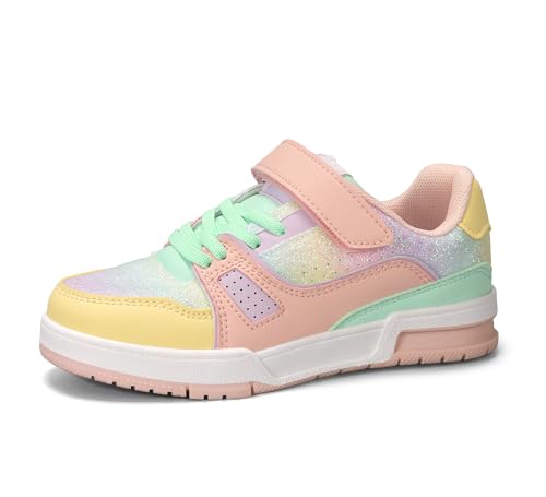 LUCKY STEP Children/Kids/Boys/Girl Comfort Casual School Low Top Sneaker Strap Athletic Tennis Running Shoes (Pink/Rainbow,Little Kids 2)