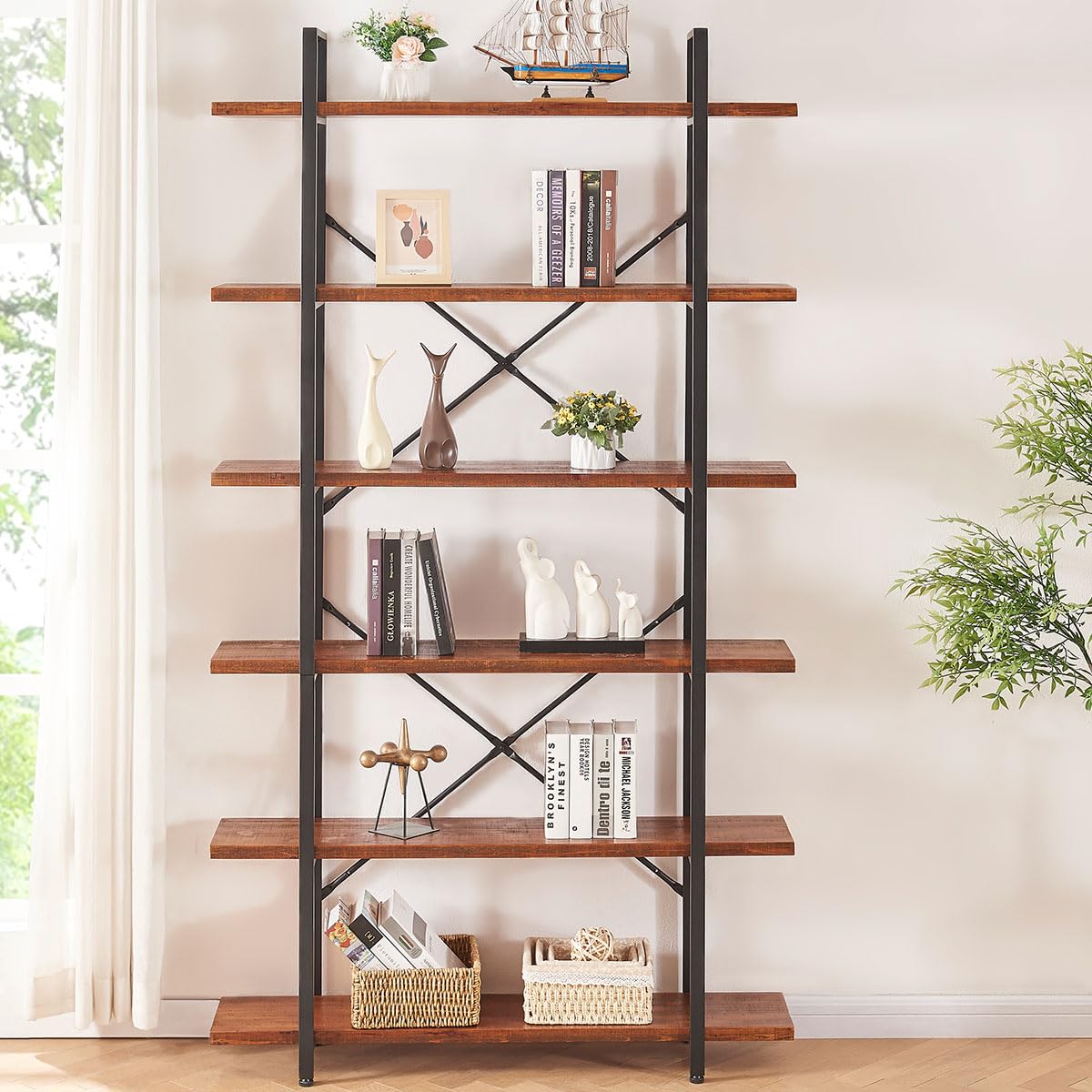 HSH Solid Wood Bookshelf, 6 Tier Tall Industrial Etagere Bookcase and Storage Shelves Heavy Duty, Rustic Large Open Vertical Metal Natural Real Wood Book Shelf for Bedroom Living Room Distressed Brown