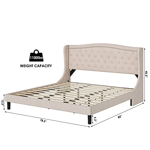 HOSTACK King Size Bed Frame, Modern Upholstered Platform Bed with Wingback Headboard, Heavy Duty Button Tufted Bed Frame with Wood Slat Support, Easy Assembly, No Box Spring Needed(Beige, King)