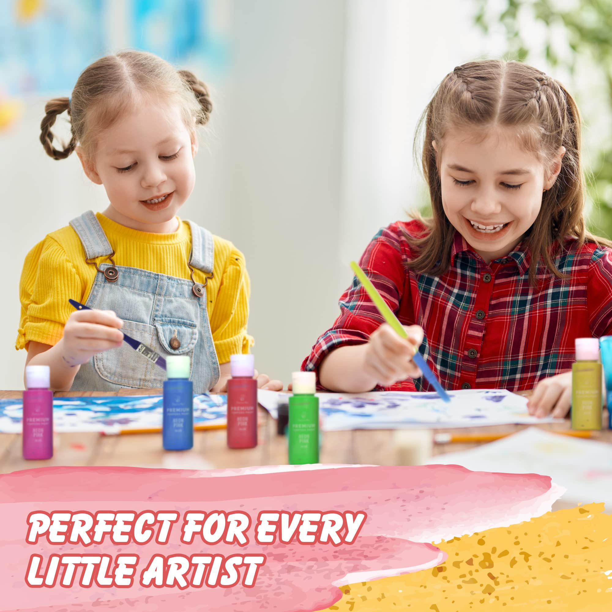 Kids Tempera Paint Set | Value Pack Includes 40 Washable Non-Toxic Colorful Paints (2oz bottles) & 15 Brushes | Metallic, Neon, Glow In The Dark, Glitter Paints | Paint For Arts & Crafts, Fun Projects