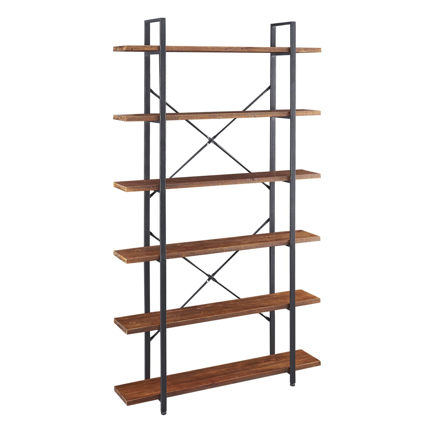 HSH Solid Wood Bookshelf, 6 Tier Tall Industrial Etagere Bookcase and Storage Shelves Heavy Duty, Rustic Large Open Vertical Metal Natural Real Wood Book Shelf for Bedroom Living Room Distressed Brown