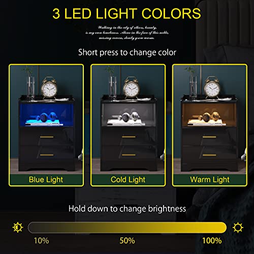 HNEBC Auto LED Nightstand with 2 USB Charging Station, High Gloss Black Nightstand Side Table with 2 Drawers,Bedside Table has Infrared Induction/3 Color LED Lighting/Adustable Brightness(Black)