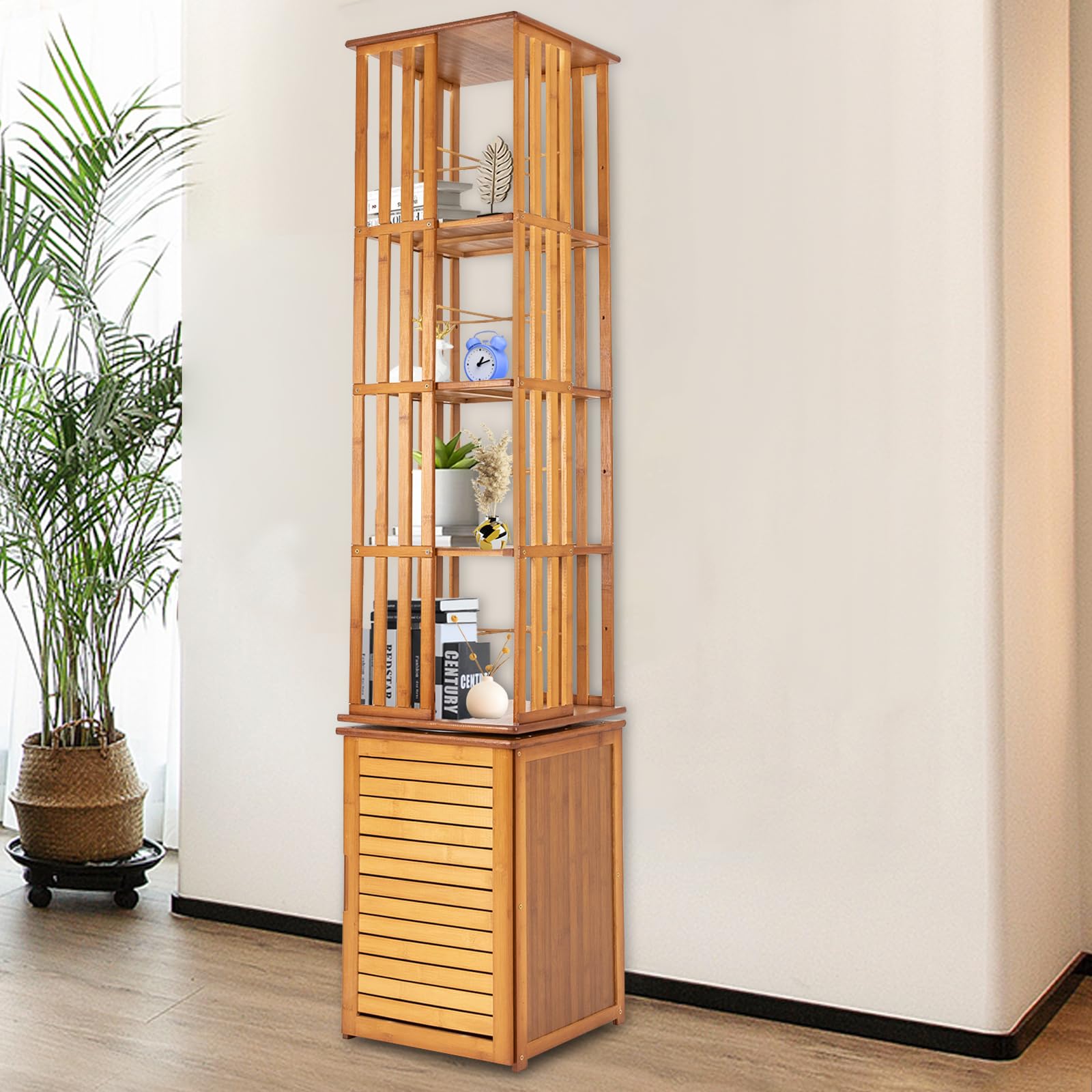 Rotating Bookshelf Bookcase, 6-Tier Corner Bamboo Book Shelf, 360° Display Rotating Storage Rack, Freestanding Bookcases with Open Design Shelving for Living Room Study Room Office (Dark Wood Color)