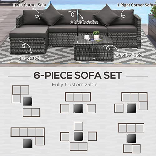 Outsunny 6 Pieces Patio Furniture Sets Outdoor Wicker Conversation Sets All Weather PE Rattan Sectional Sofa Set with Ottoman, Cushions & Tempered Glass Desktop, Charcoal