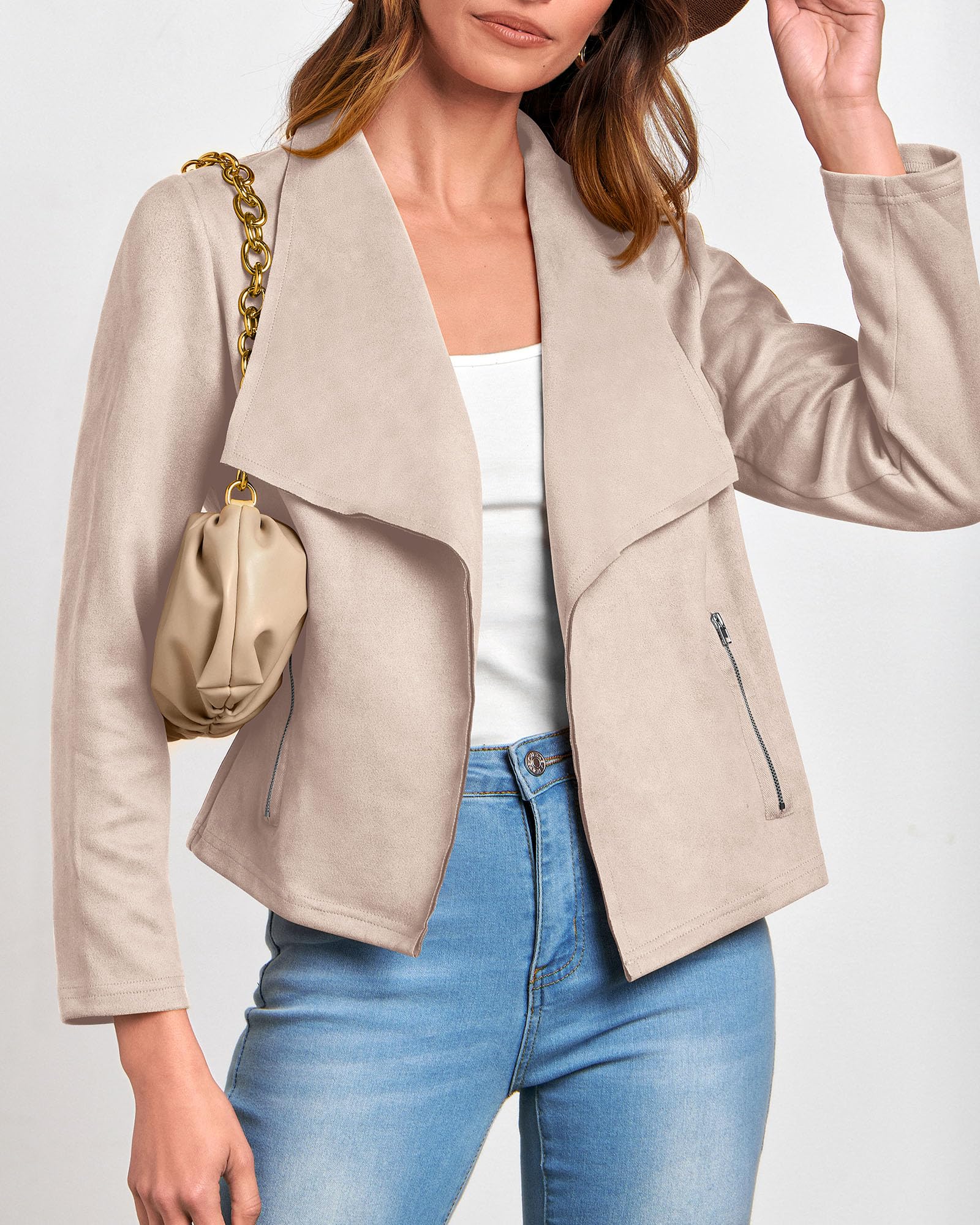 KIRUNDO Women's Faux Leather Suede Jacket 2024 Fall Fashion Light Long Sleeve Cropped Jacket Coats with Pockets(Beige Apricot, Medium)