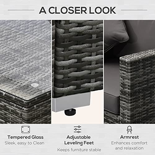 Outsunny 6 Pieces Patio Furniture Sets Outdoor Wicker Conversation Sets All Weather PE Rattan Sectional Sofa Set with Ottoman, Cushions & Tempered Glass Desktop, Charcoal