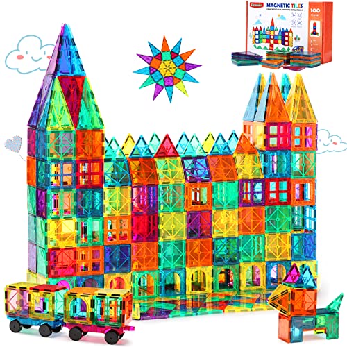 Magnetic Tiles Building Blocks, Magnet Toys for Kids, STEM Approved Educational Toys,3D Magnet Puzzles Stacking Blocks for Boys Girls,100 PCS Advanced Set with 2 Carsā¦