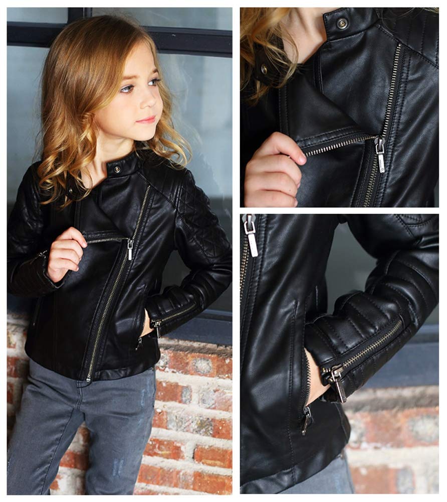 LJYH Girls Faux Leather Quilted Motorcycle Jackets Kids Spring Biker Coats Black 3/4yrs
