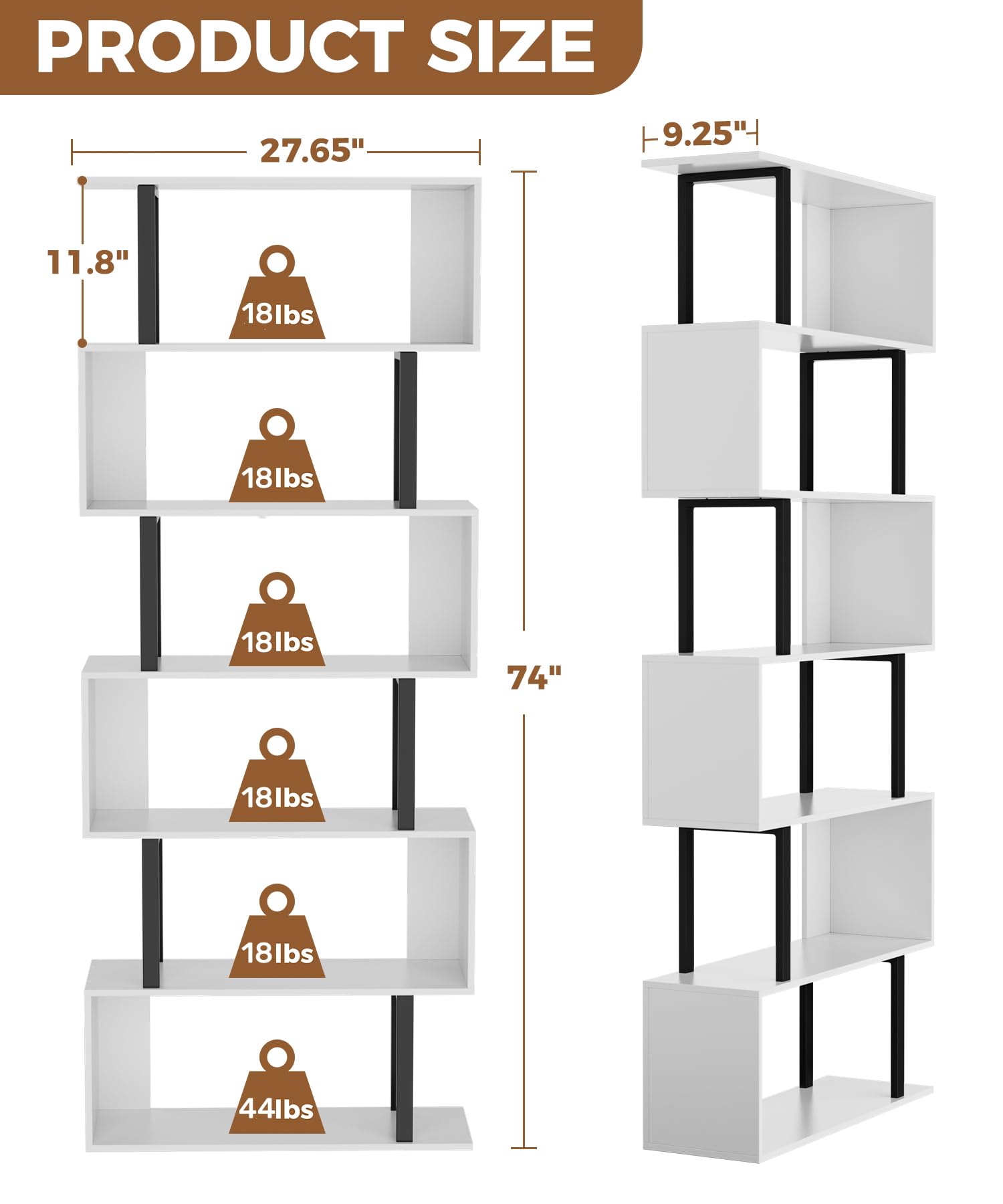 Gadroad 6 Tier Geometric Bookcase,S Shaped Bookshelf, Wood Decorative Storage Shelving, Modern Freestanding Display Shelves, Tall Book Shelf Unit for Living Room Bedroom, White
