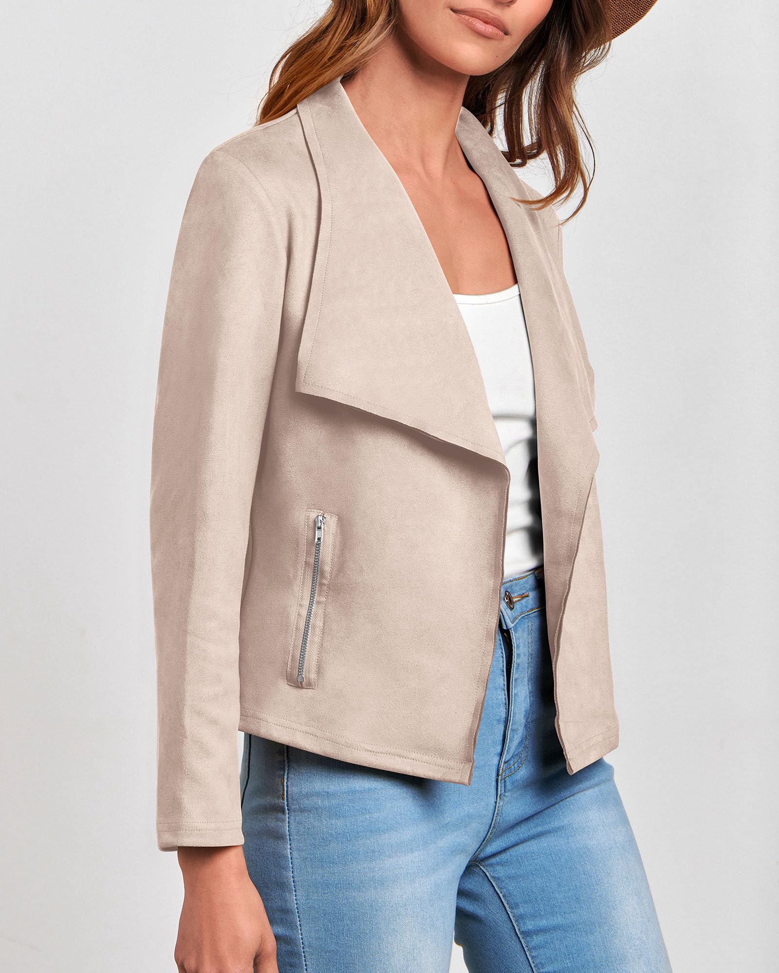 KIRUNDO Women's Faux Leather Suede Jacket 2024 Fall Fashion Light Long Sleeve Cropped Jacket Coats with Pockets(Beige Apricot, Medium)