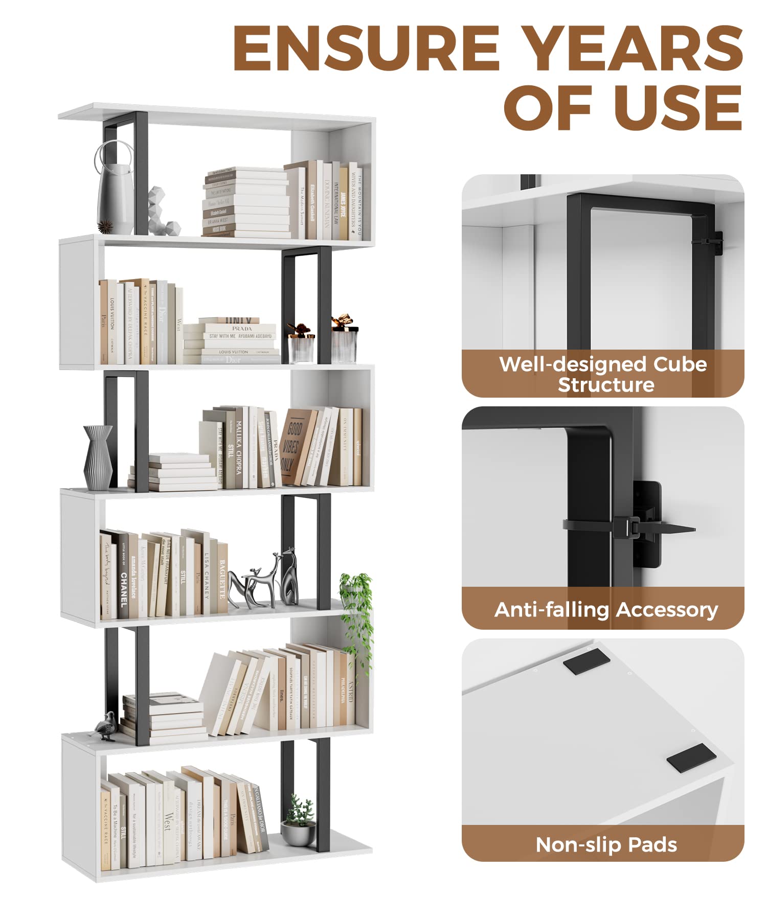 Gadroad 6 Tier Geometric Bookcase,S Shaped Bookshelf, Wood Decorative Storage Shelving, Modern Freestanding Display Shelves, Tall Book Shelf Unit for Living Room Bedroom, White