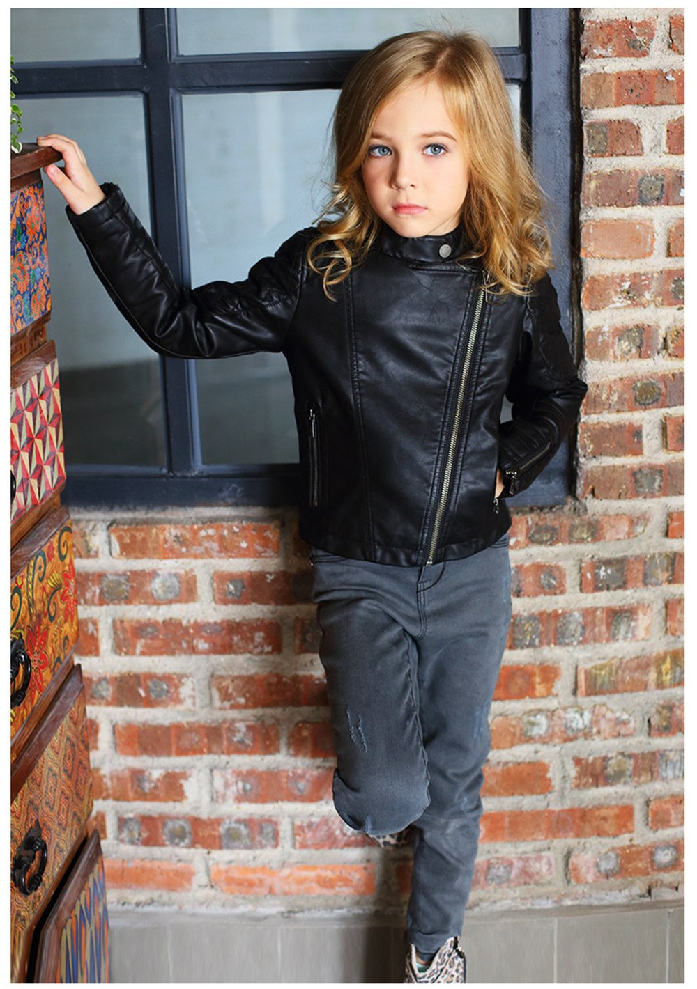LJYH Girls Faux Leather Quilted Motorcycle Jackets Kids Spring Biker Coats Black 3/4yrs
