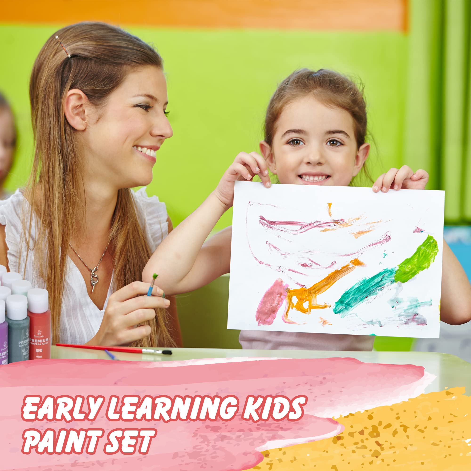 Kids Tempera Paint Set | Value Pack Includes 40 Washable Non-Toxic Colorful Paints (2oz bottles) & 15 Brushes | Metallic, Neon, Glow In The Dark, Glitter Paints | Paint For Arts & Crafts, Fun Projects