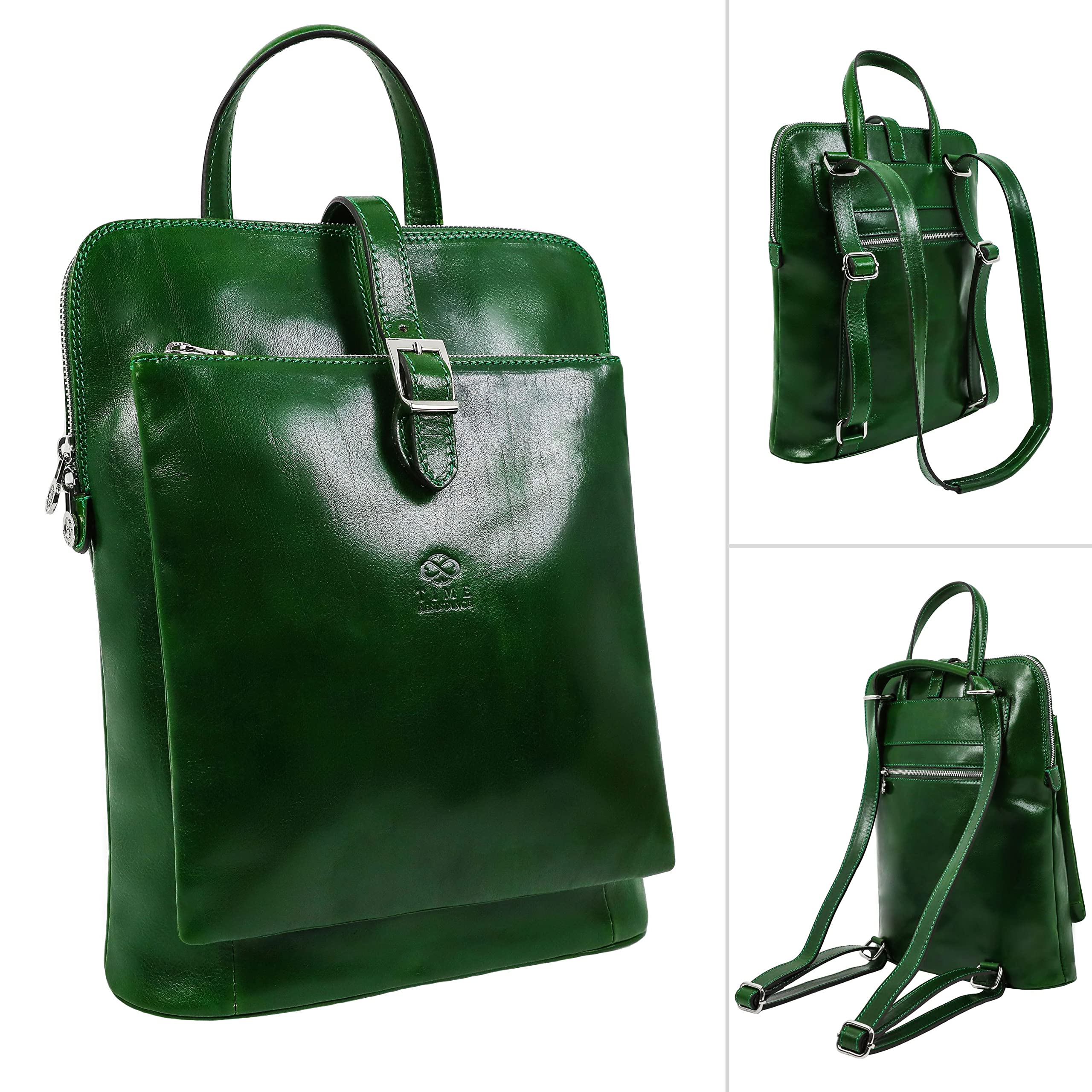 Time Resistance Leather Backpack - Convertible to Shoulder Bag - Full Grain Real Leather Travel Rucksack for Women (Green)