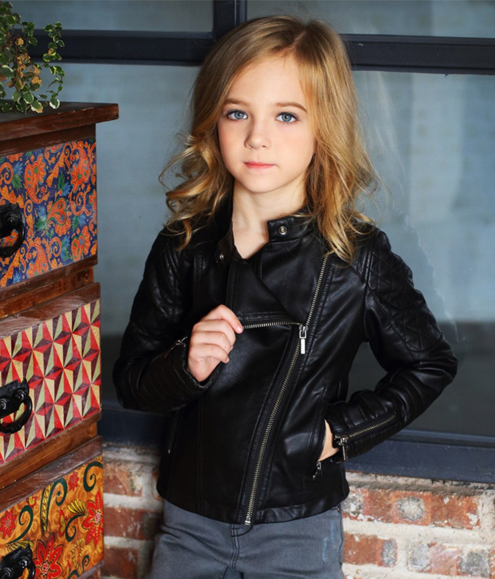 LJYH Girls Faux Leather Quilted Motorcycle Jackets Kids Spring Biker Coats Black 3/4yrs