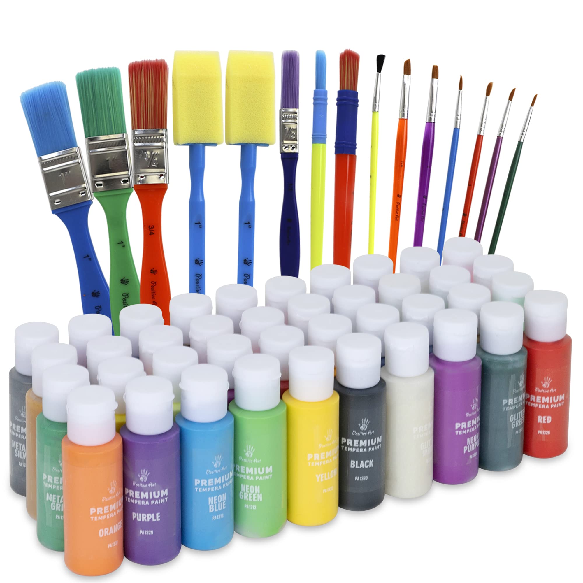 Kids Tempera Paint Set | Value Pack Includes 40 Washable Non-Toxic Colorful Paints (2oz bottles) & 15 Brushes | Metallic, Neon, Glow In The Dark, Glitter Paints | Paint For Arts & Crafts, Fun Projects