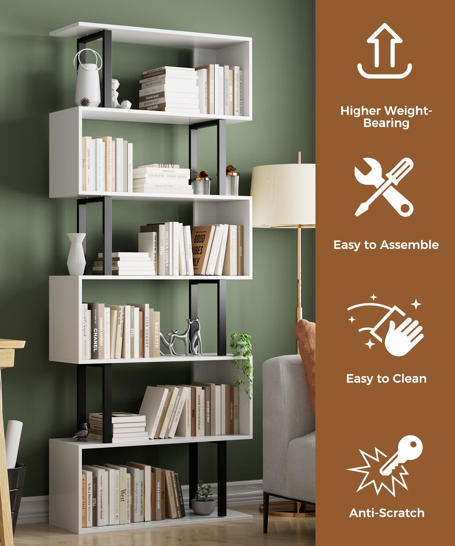 Gadroad 6 Tier Geometric Bookcase,S Shaped Bookshelf, Wood Decorative Storage Shelving, Modern Freestanding Display Shelves, Tall Book Shelf Unit for Living Room Bedroom, White