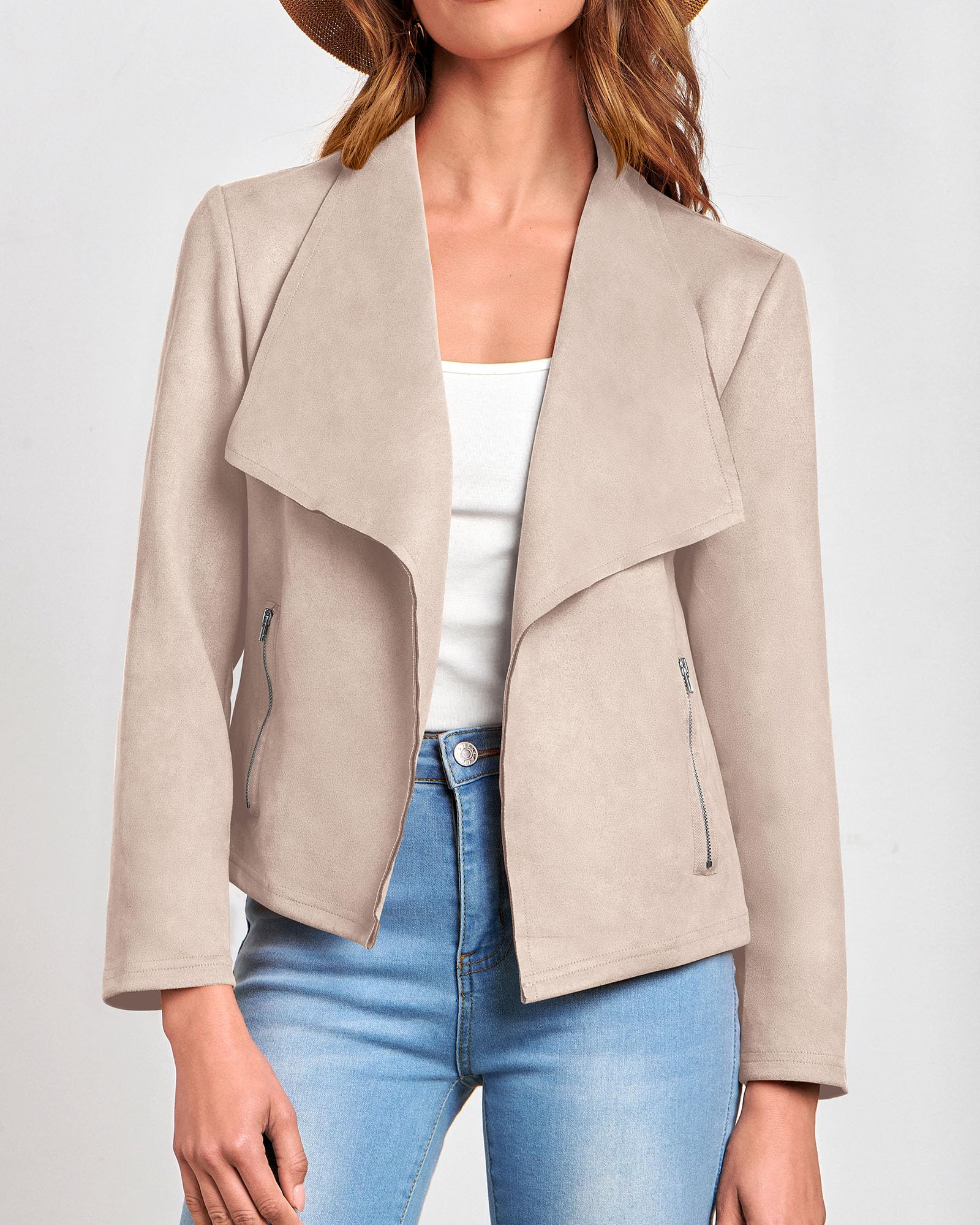 KIRUNDO Women's Faux Leather Suede Jacket 2024 Fall Fashion Light Long Sleeve Cropped Jacket Coats with Pockets(Beige Apricot, Medium)