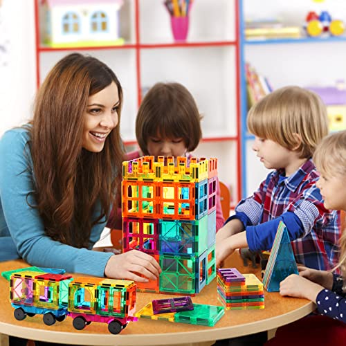 Magnetic Tiles Building Blocks, Magnet Toys for Kids, STEM Approved Educational Toys,3D Magnet Puzzles Stacking Blocks for Boys Girls,100 PCS Advanced Set with 2 Cars…