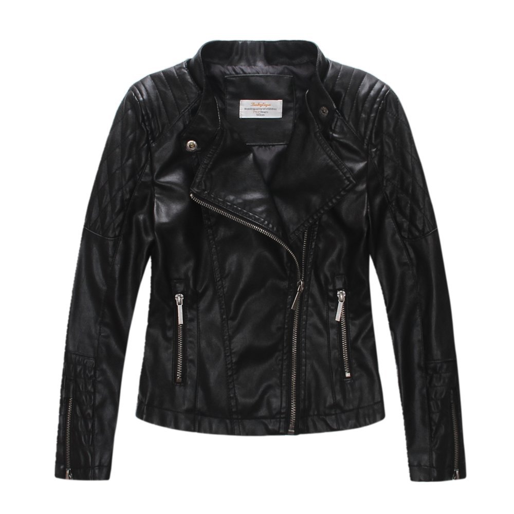 LJYH Girls Faux Leather Quilted Motorcycle Jackets Kids Spring Biker Coats Black 3/4yrs