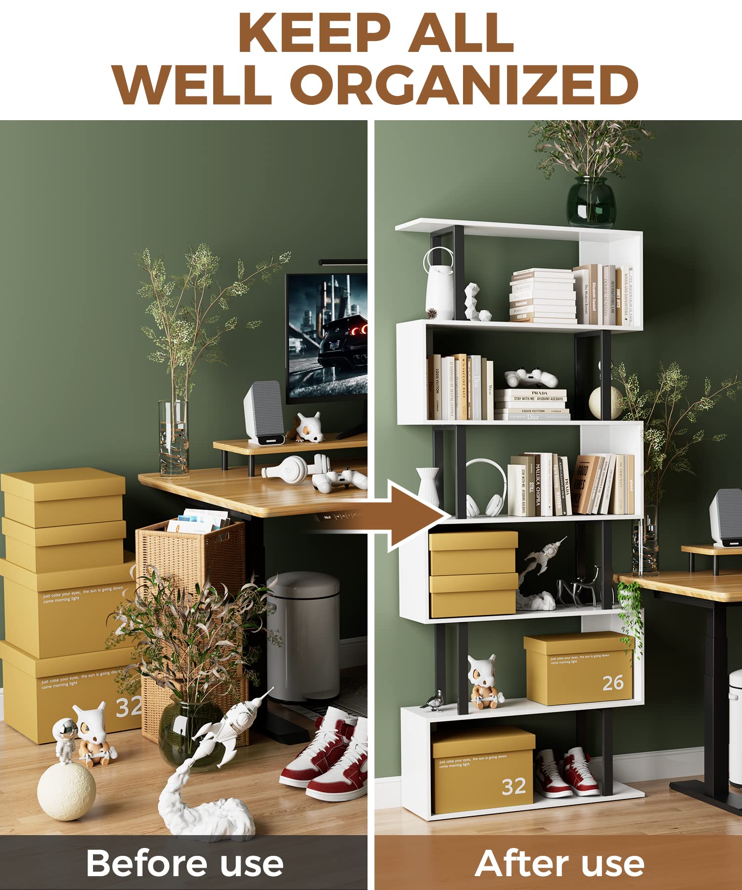 Gadroad 6 Tier Geometric Bookcase,S Shaped Bookshelf, Wood Decorative Storage Shelving, Modern Freestanding Display Shelves, Tall Book Shelf Unit for Living Room Bedroom, White