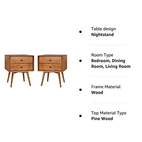 Walker Edison Ella Mid-Century Modern 2-Piece 2-Drawer Solid Wood Nightstand Set, 2 Pack, Caramel
