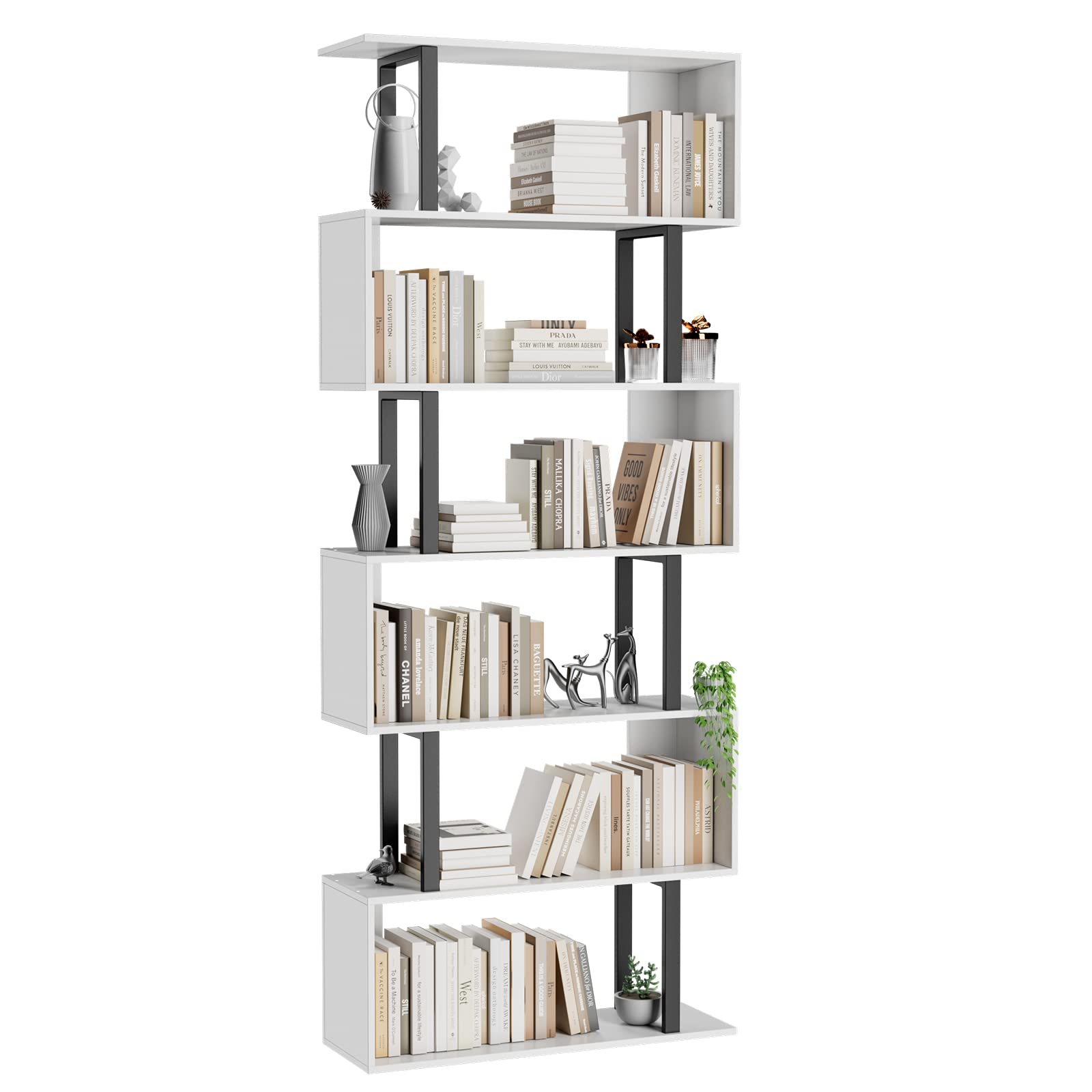 Gadroad 6 Tier Geometric Bookcase,S Shaped Bookshelf, Wood Decorative Storage Shelving, Modern Freestanding Display Shelves, Tall Book Shelf Unit for Living Room Bedroom, White