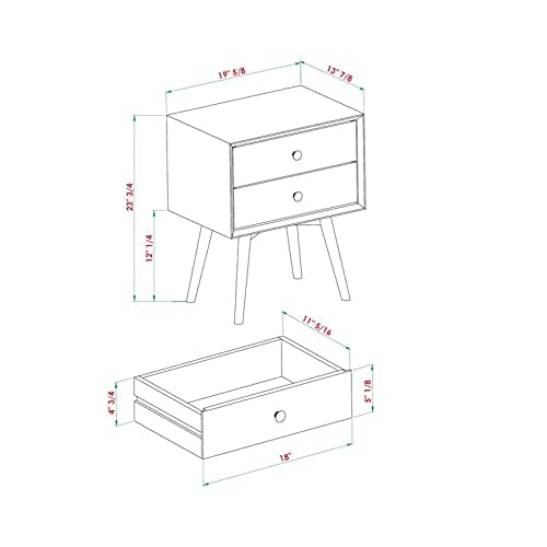 Walker Edison Ella Mid-Century Modern 2-Piece 2-Drawer Solid Wood Nightstand Set, 2 Pack, Caramel