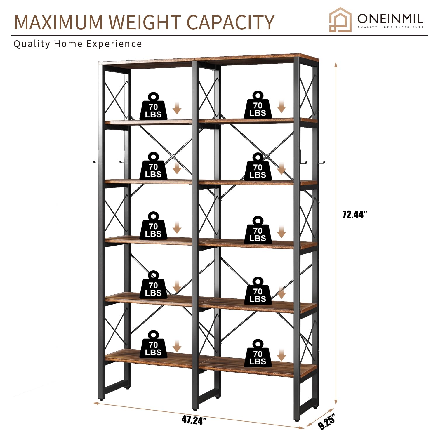 oneinmil Double Wide 6-Tier Bookshelf, Industrial Bookcases with Metal Frame, Open Large Book Shelf, Wood and Tall Display Shelves for Home and Office, Rustic Brown and Black