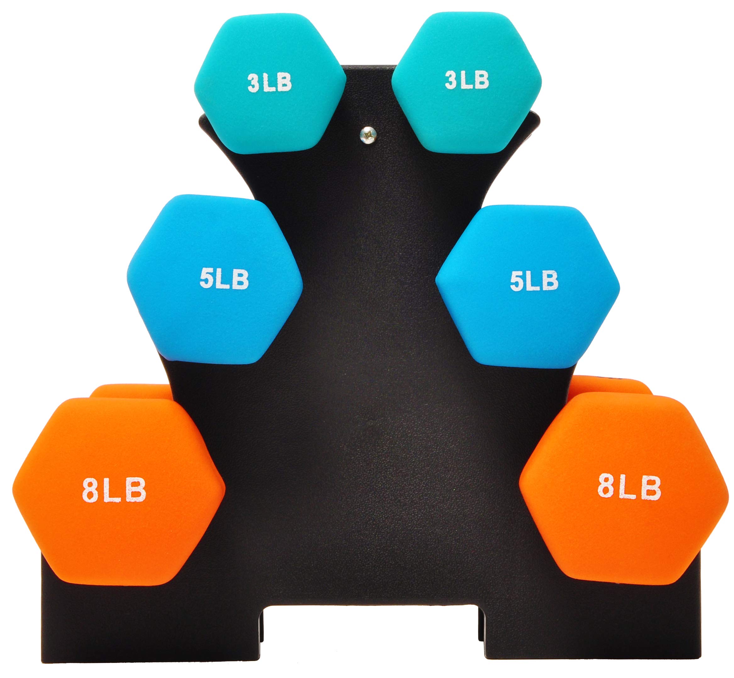 Fitvids Colored Vinyl or Neoprene Coated Dumbbell Set with Stand, 32-Pound Set with Stand, 3LB, 5LB, 8LB Pairs, Cast Iron