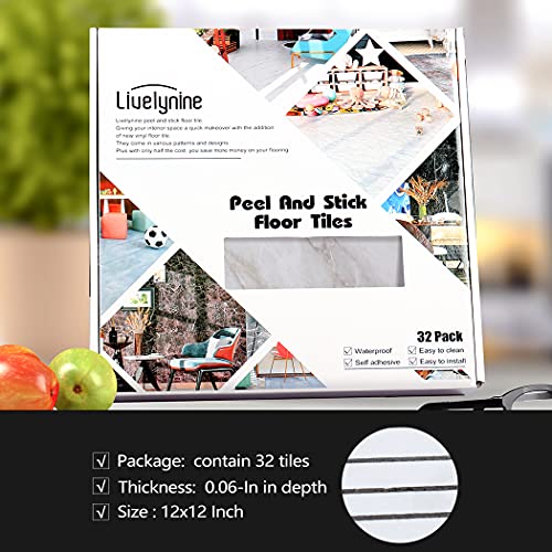 Livelynine 32-Pack Peel and Stick Floor Tile Marble Look Vinyl Flooring Stick On Floor Tiles for Bathroom Kitchen Basement Bedroom Waterproof Laminate Flooring Tile Linoleum Flooring Sheet 12X12 Inch