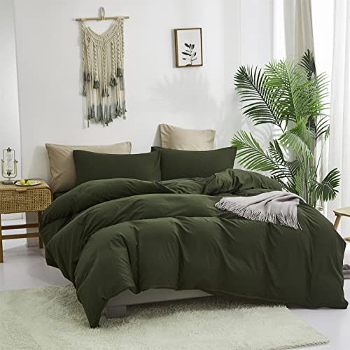 Luxlovery Army Green Comforter Set Queen Olive Green Bedding Comforter Set Full Dark Blackish Green Minimalist Bedding Set Soft Breathable Blanket Quilts Modern Boho Green Comforter Set