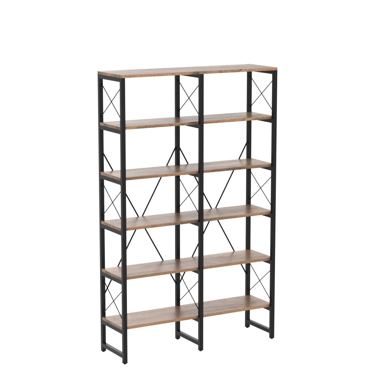 oneinmil Double Wide 6-Tier Bookshelf, Industrial Bookcases with Metal Frame, Open Large Book Shelf, Wood and Tall Display Shelves for Home and Office, Rustic Brown and Black