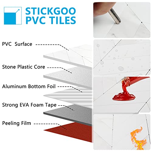 STICKGOO 10-Sheet Herringbone Tile Peel and Stick Backsplash, White Marble PVC Stick on Backsplash, Self Adhesive Wall Tile for Kitchen and Bathroom