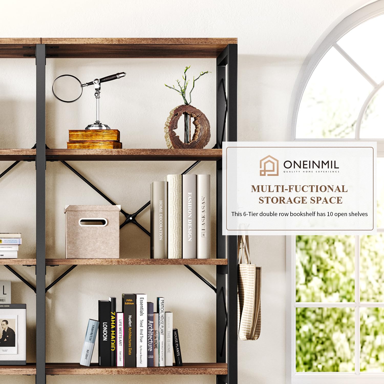 oneinmil Double Wide 6-Tier Bookshelf, Industrial Bookcases with Metal Frame, Open Large Book Shelf, Wood and Tall Display Shelves for Home and Office, Rustic Brown and Black