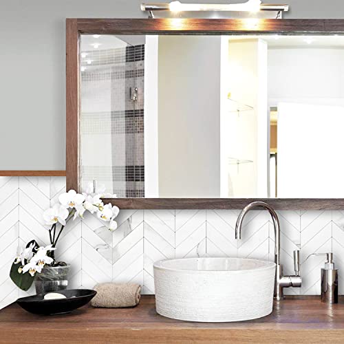 STICKGOO 10-Sheet Herringbone Tile Peel and Stick Backsplash, White Marble PVC Stick on Backsplash, Self Adhesive Wall Tile for Kitchen and Bathroom