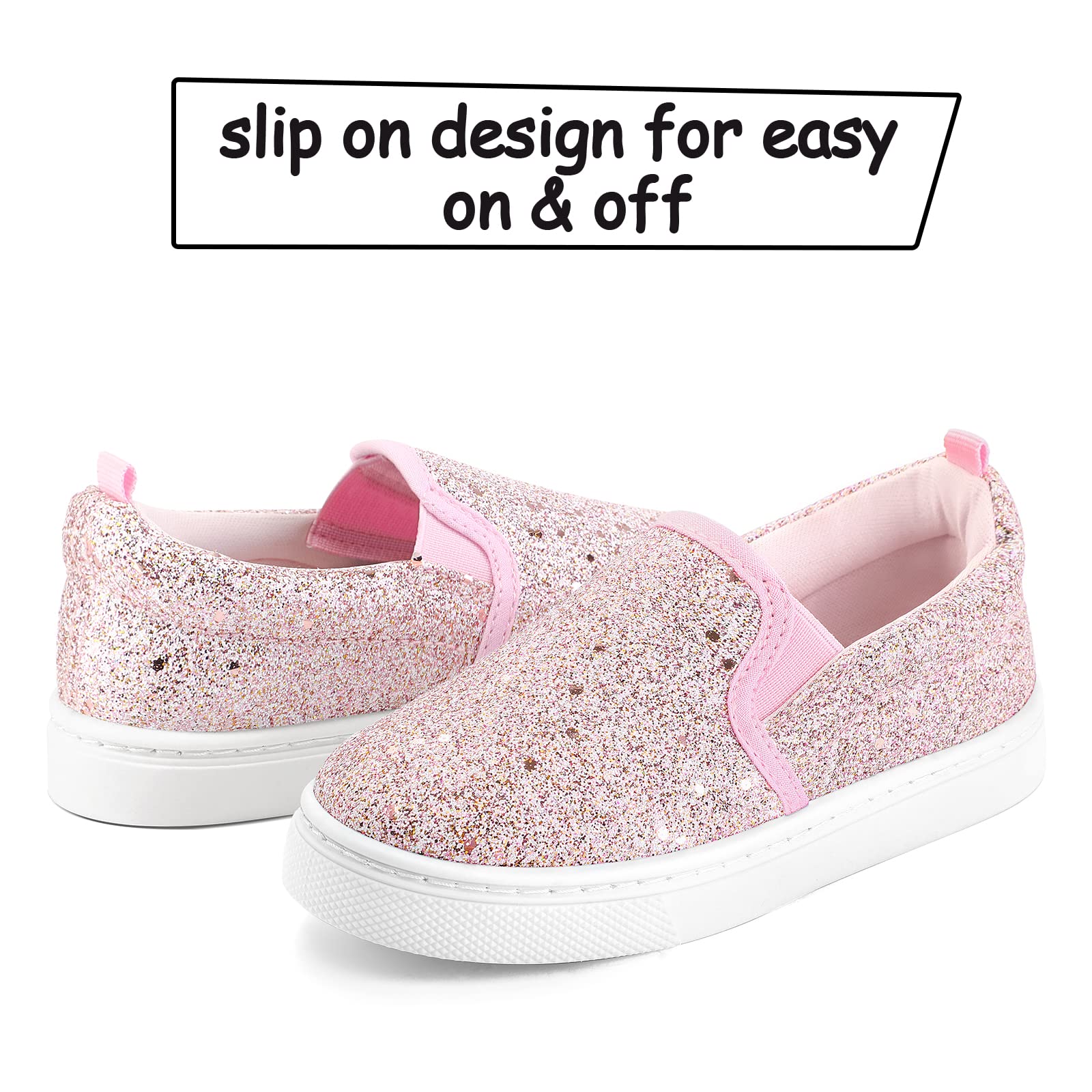 K KomForme Toddler Sneakers for Girls Boys Slip On Canvas Walking Shoes, Size 2 Big Kid, Pink Glitter