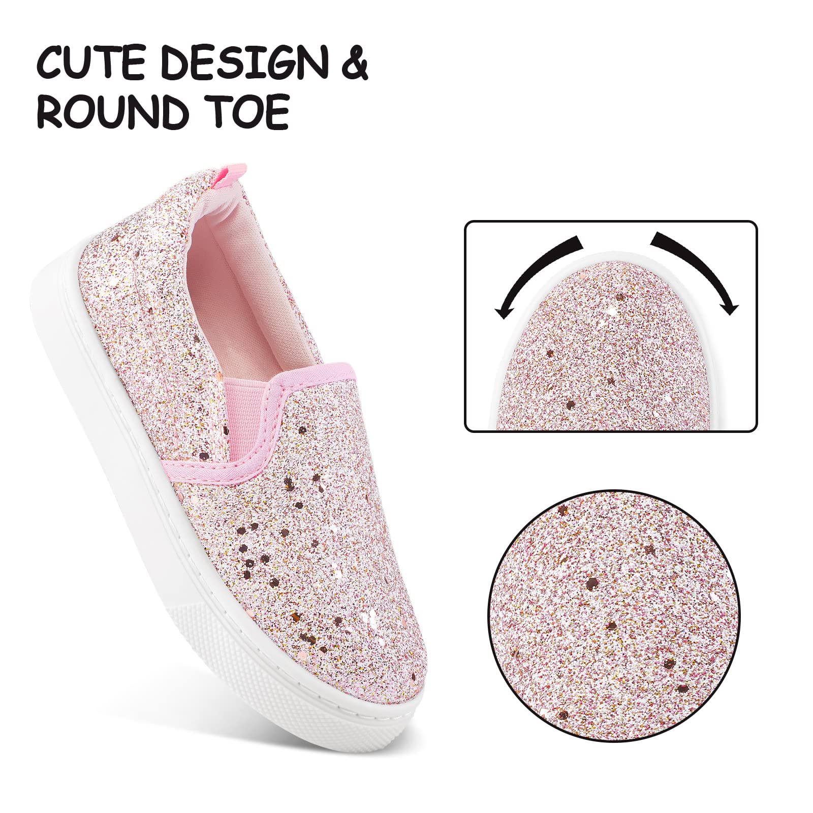 K KomForme Toddler Sneakers for Girls Boys Slip On Canvas Walking Shoes, Size 2 Big Kid, Pink Glitter