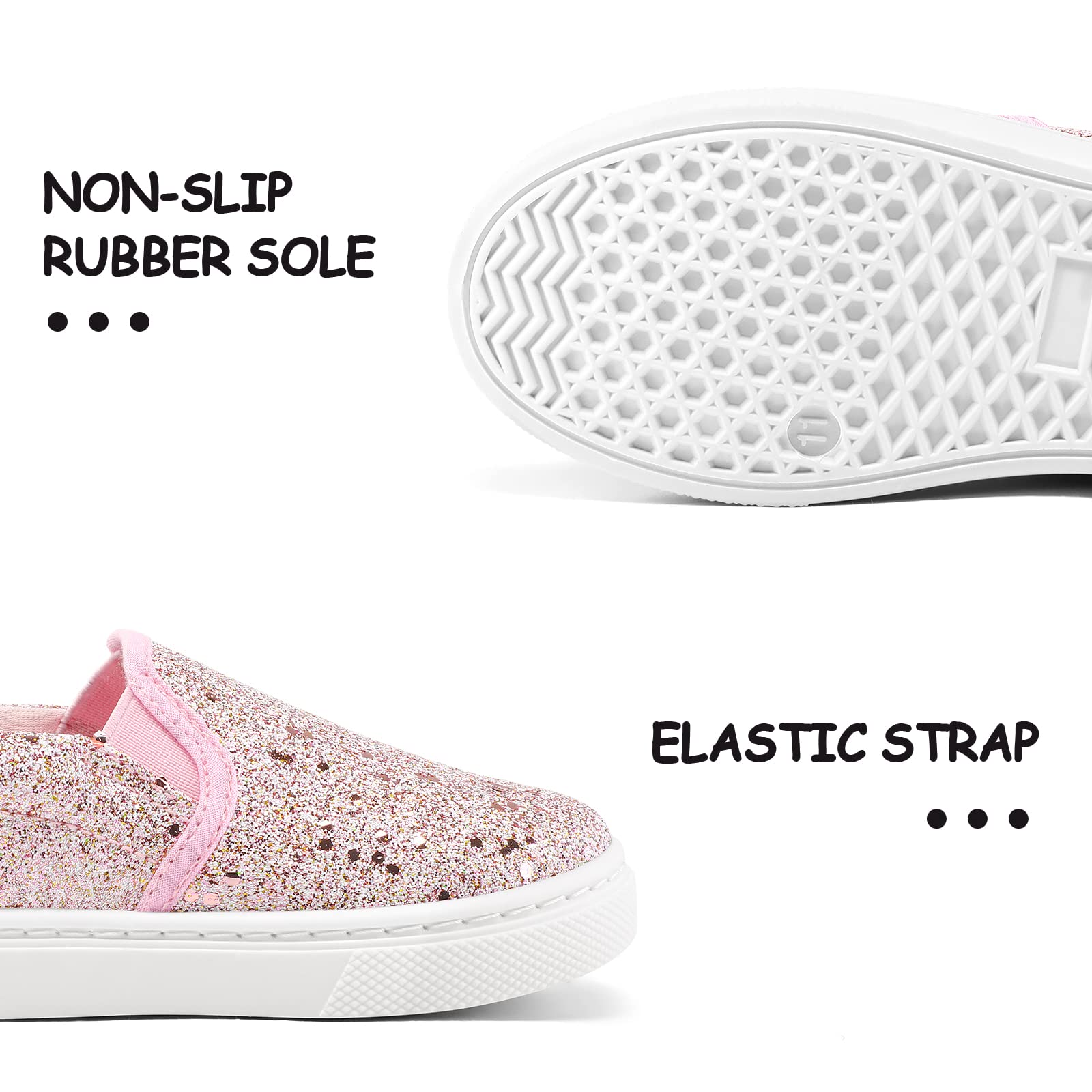 K KomForme Toddler Sneakers for Girls Boys Slip On Canvas Walking Shoes, Size 2 Big Kid, Pink Glitter