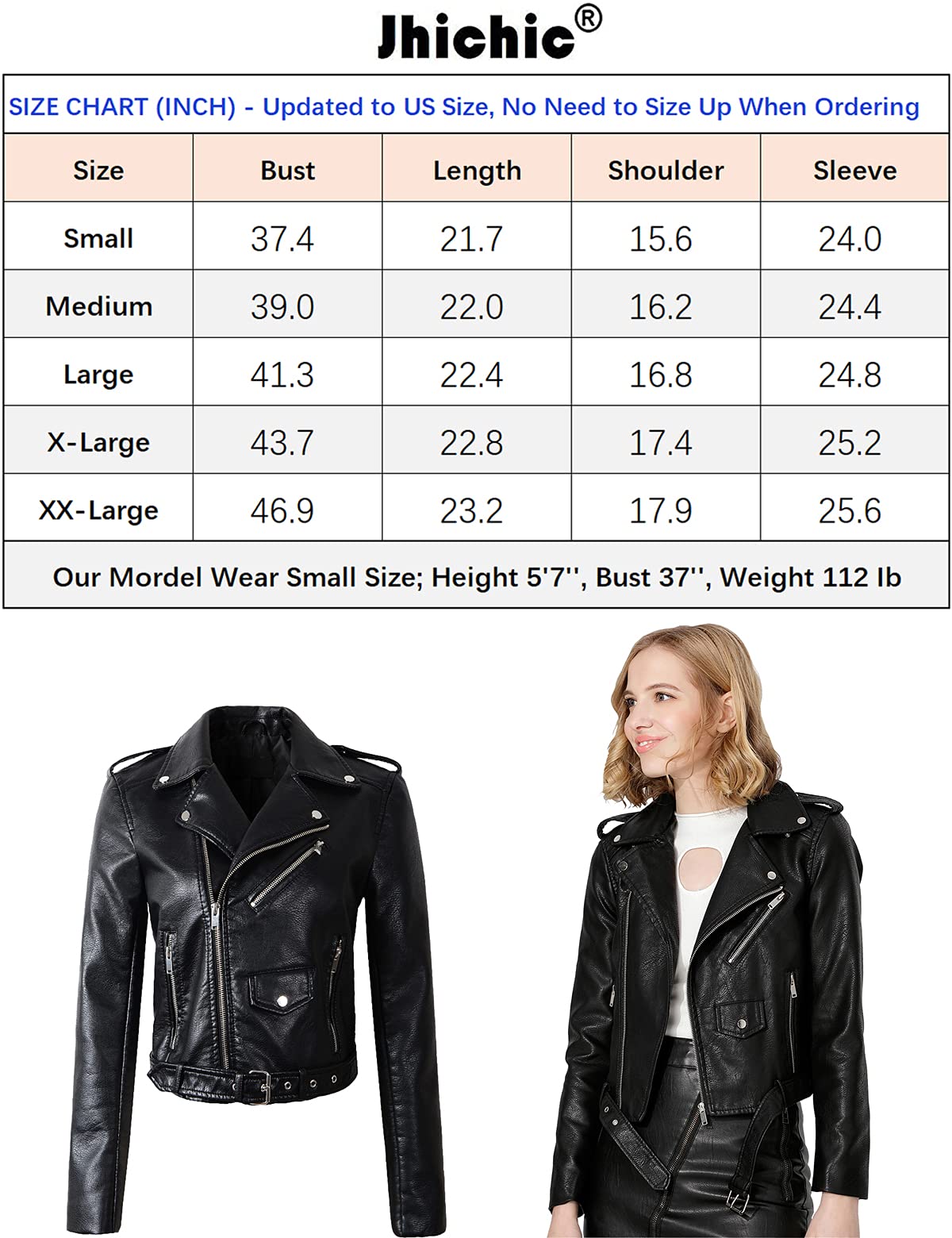 Jhichic Women's Faux Leather Textured Short Moto Jacket Zip-up Slim PU Biker Coat with Pockets (Black, XXL)