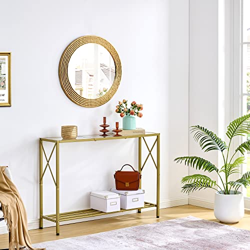 Hoctieon Gold Console Table, Entryway Table, Tempered Glass Sofa Table with Shelves, Metal Frame, Modern Style, Easy to Assemble, Entrance Table for Hallway, Entryway, Living Room, Bedroom