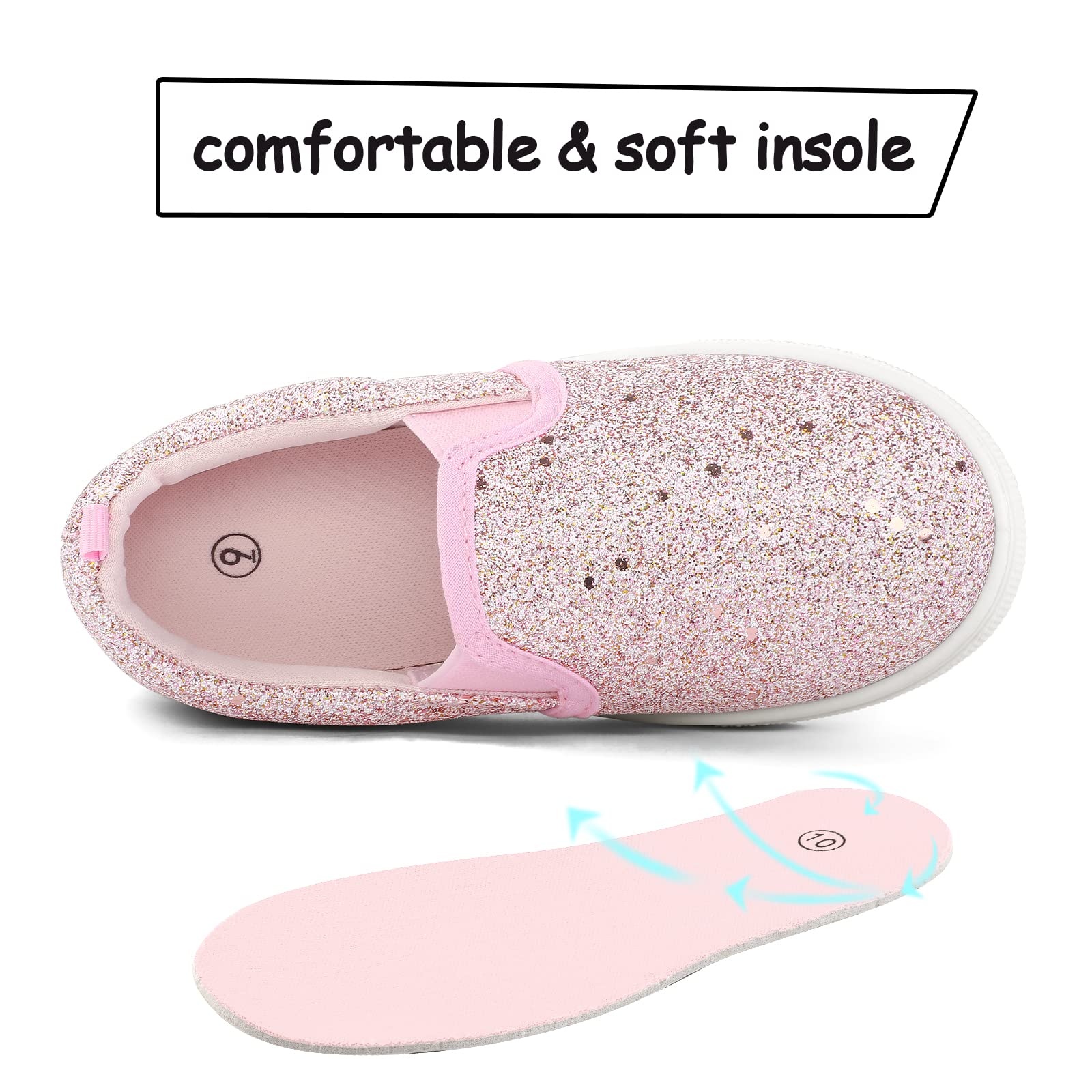K KomForme Toddler Sneakers for Girls Boys Slip On Canvas Walking Shoes, Size 2 Big Kid, Pink Glitter
