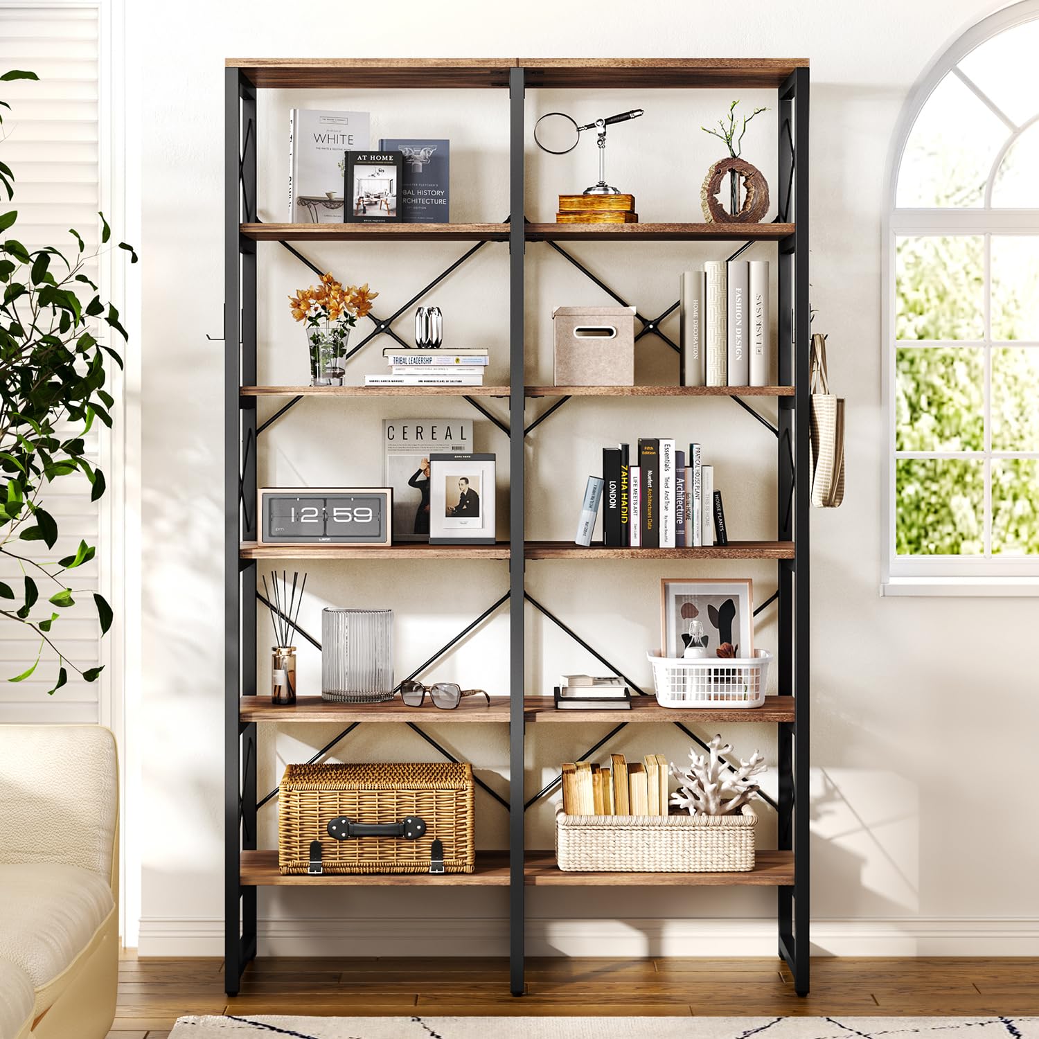 oneinmil Double Wide 6-Tier Bookshelf, Industrial Bookcases with Metal Frame, Open Large Book Shelf, Wood and Tall Display Shelves for Home and Office, Rustic Brown and Black
